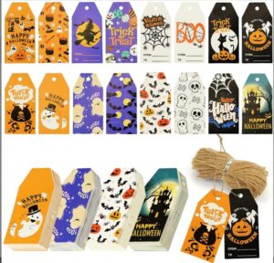 sallyfashion 160 pcs halloween paper tags, 16 styles halloween treat tags gift bags with string for halloween party favor candy bags