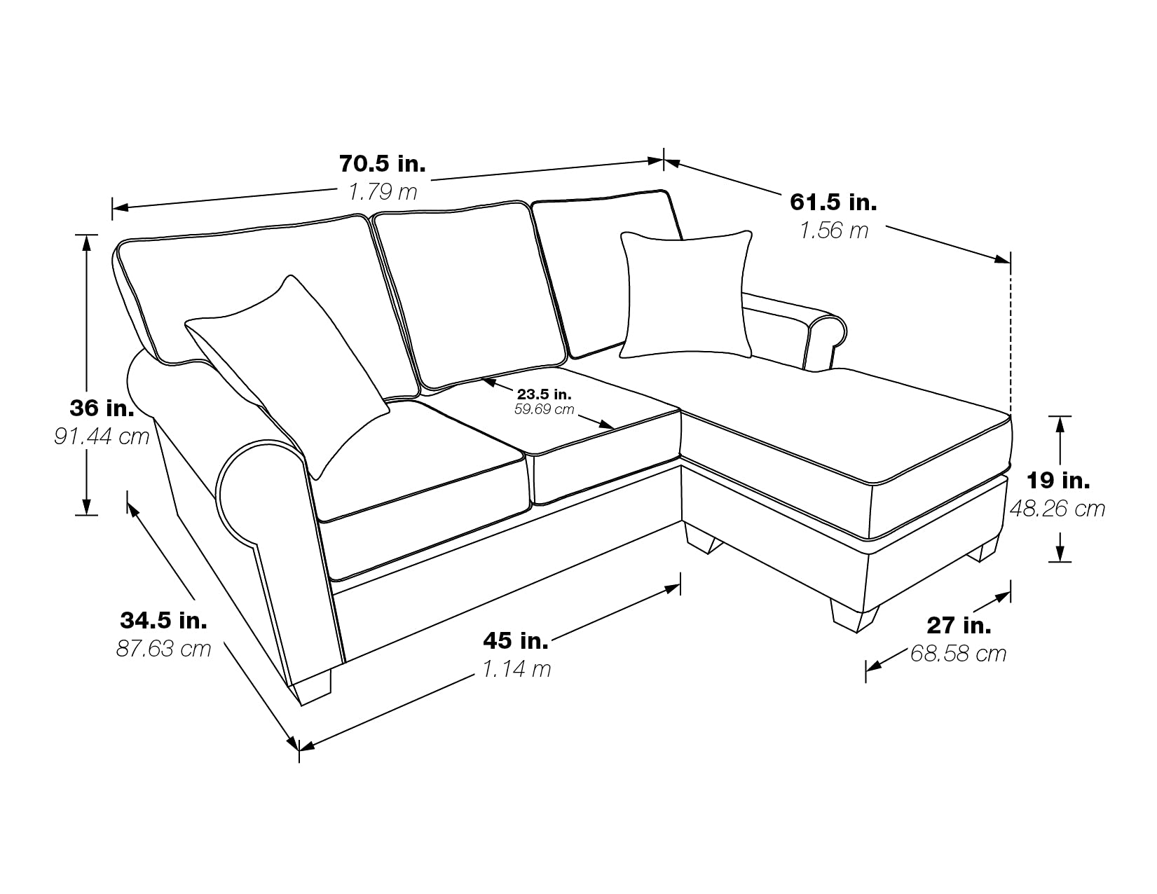 OSP Home Furnishings Rylee Reversible Rolled Arm Sectional Sofa with 2 Pillows and Coffee Finished Legs, Navy Fabric