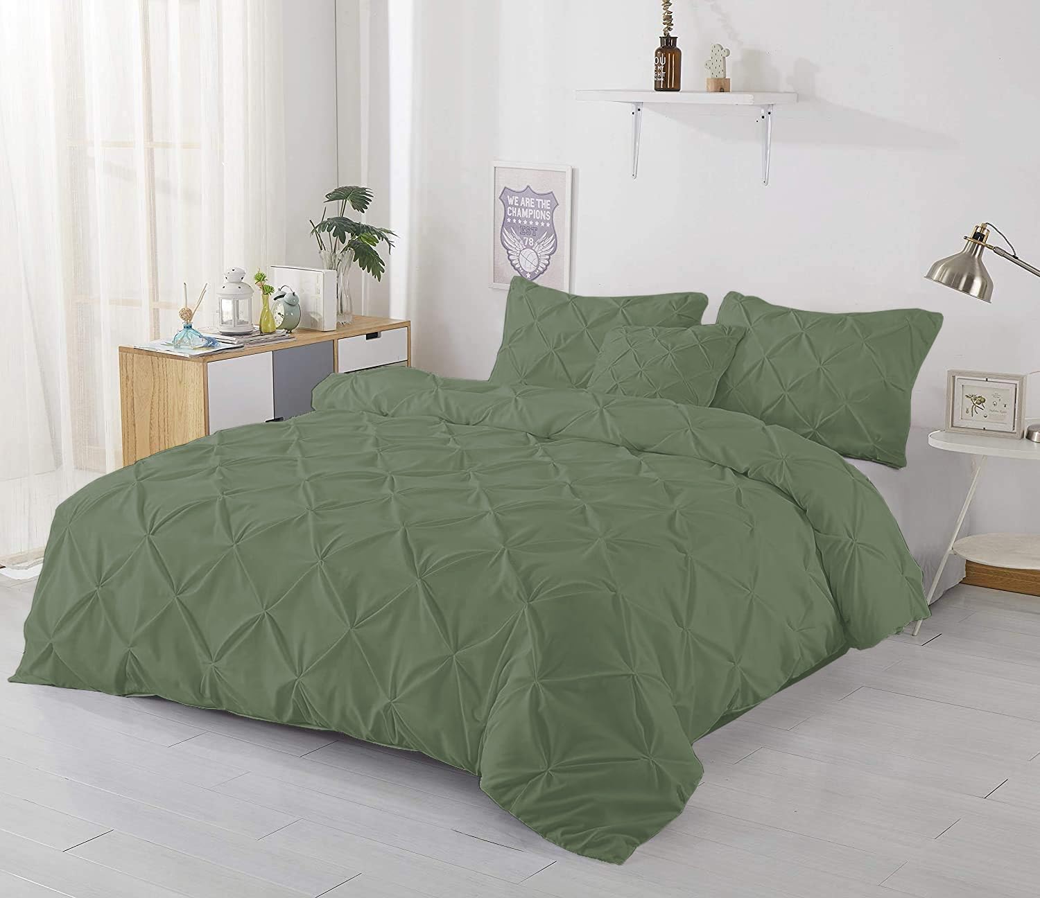 Pinch Pleated Duvet Cover Sage Pinch 3 Piece Duvet Cover King/California King Size (94" x 104") Inch 100% Cotton 800 TC with Zipper Closure & Corner Ties for Luxury Duvet Cover