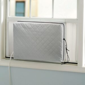 indoor air conditioner cover, ac unit window cover for inside double insulation with elastic drawstring 21l x 15h x 3.5d inches grey