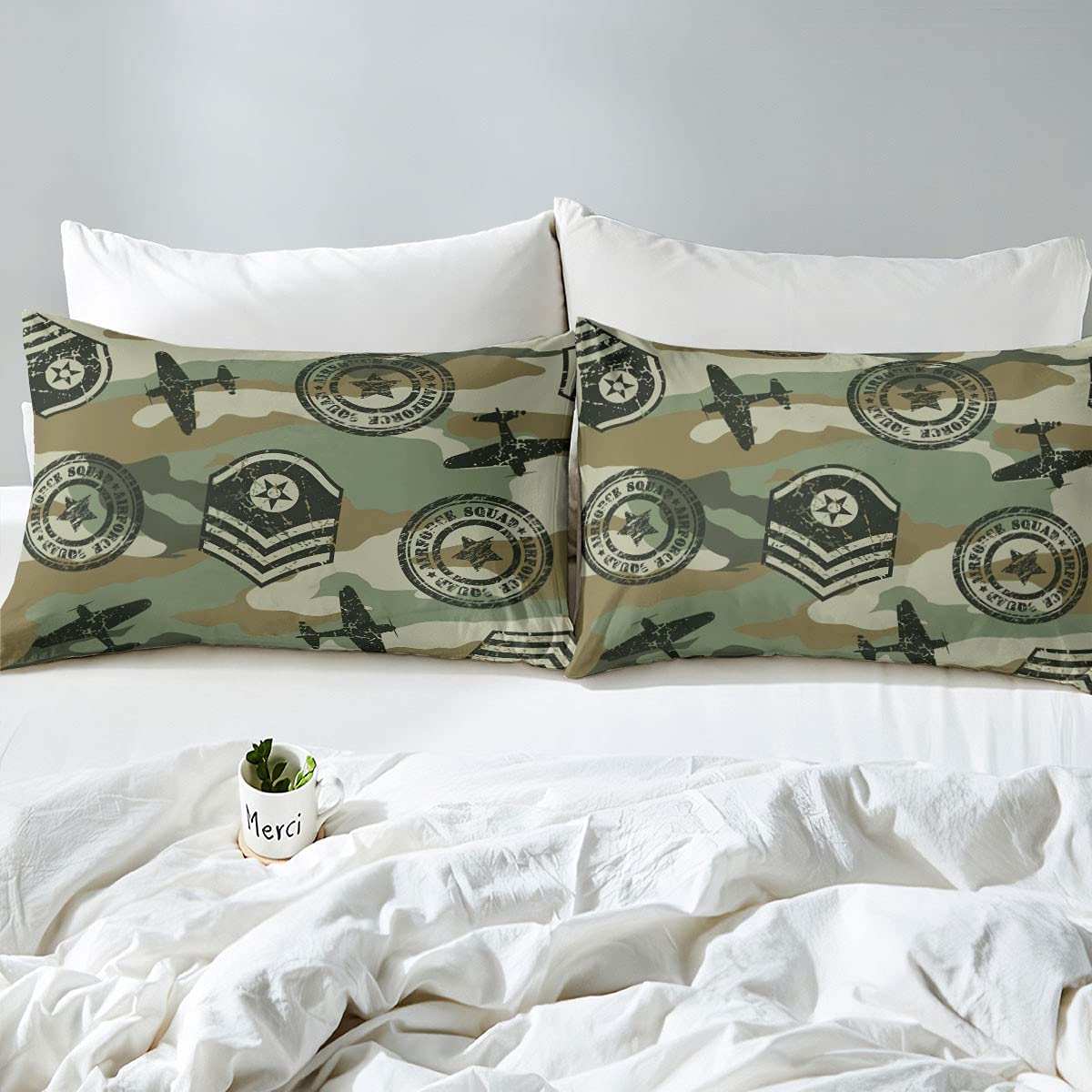 Kids Camo Airplane Bed Sheet Set Camouflage Airplane Decor Bedding Sheets for Teens Boys Military Aircraft Bedding Fitted Sheet Novelty Modern Army Green Bed Cover Bedroom Collection 2Pcs Twin Size