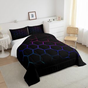 Hexagonal Bedding Set 3D Geometric Honeycomb Comforter Set for Kids Boys Girls Luxury Beehive Hexagon Comforter Neon Blue Purple Black Decor Quilt Set with 2 Pillowcases 3Pcs Bedding Queen