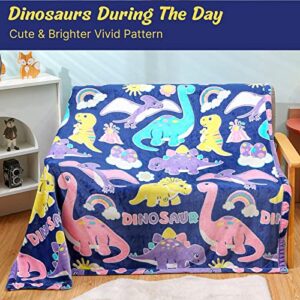 Bood Glow in Dark Blanket for Kids, Dinosaur Blanket for Girls and Boys, Christmas Personalized Gifts for Kids, Boys Blankets and Dinosaur, Blue Dino Soft Fleece Blankets