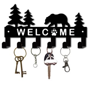 creatcabin metal key holder black key hooks wall mount hanger decor iron hanging organizer rock decorative 6 hooks welcome bear for home housewarming gift entryway cabinet hat towel 10.6 x 5.5inch