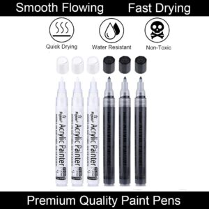 Black Paint Pens, 6 Pack 0.7mm Acrylic Black Permanent Marker ,White Paint Pens for Rock Painting, Stone,Wood, Plastic, Ceramic, Glass, Metal Canvas, Paper, Water-based Extra Fine Point