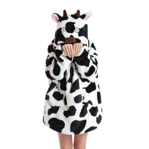 Wearable Blanket Hoodie for Kids 4-12YR Oversized Animal Hooded Blanket Super Soft Comfortable Warm Flannel Cow