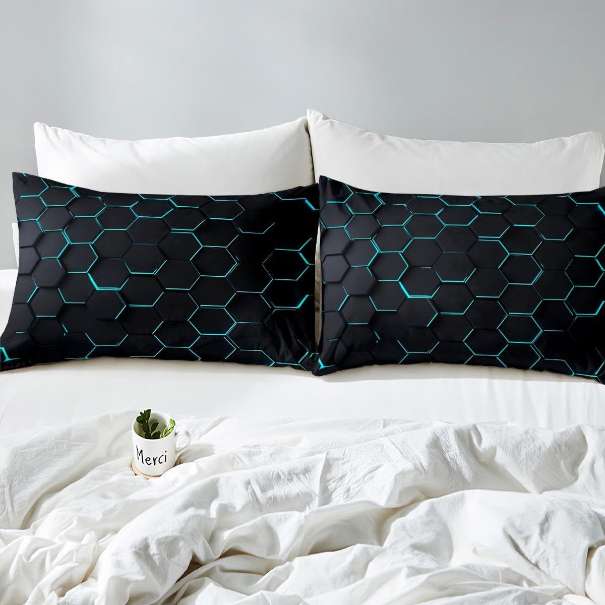 Honeycomb Hexagon Bedding Set,Geometry Duvet Cover for Kids Teen Boys Girls,Teal Neon Lights Comforter Cover Decorative Room,Modern Diamond Pattern Quilt Cover with 2 Pillowcases,Full Size