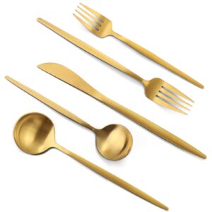 opolia 20-piece matte gold silverware set for 4, stainless steel flatware cutlery set, for home kitchen restaurant hotel, dishwasher safe