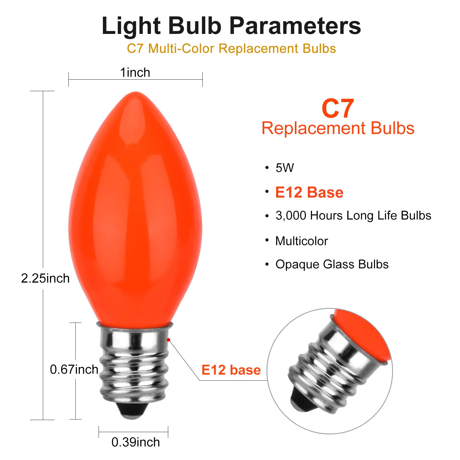 Agaphoton 25 Pack C7 Ceramic Christmas Replacement Bulbs, Multi-Color Bulbs for E12 Candelabra Base Outdoor/Indoor Light String, 5 Watt