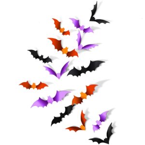 clabby 36 pcs halloween 3d bats wall decor bat wall stickers reusable pvc halloween wall decal stickers 3 colors 4 sizes scary bat decals indoor outdoor removable bat sticker for halloween party