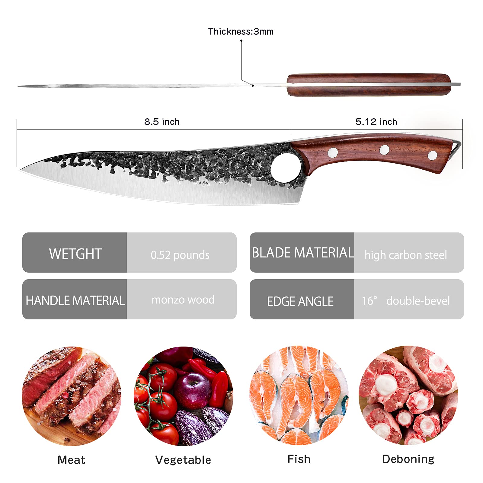 Purple Dragon Hand Forged Kitchen Knife 8 Inch Meat Butcher Full Tang Chef Knives High Carbon Steel Sharp Meat Cleaver Boning Knife with Gift Box for Slicing Fish Cutting Meat BBQ