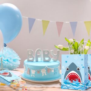 16 Pieces Shark Party Bags with Paper Twist Handles, Blue Shark Theme Candy Goodie Bags Present Bags for Kids Summer Ocean Sea Baby Shower Birthday Party Supplies, 6.3 x 3.1 x 8.7 Inch