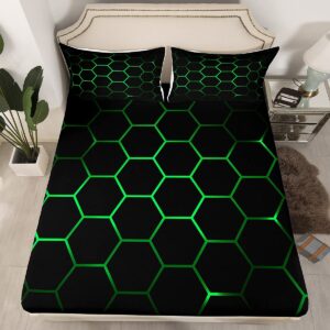 hexagonal bedding sheets 3d geometric honeycomb bed sheet set for kids boys girls luxury beehive hexagon bedding fitted sheet neon green black decor bed cover bedroom collection 3pcs queen size