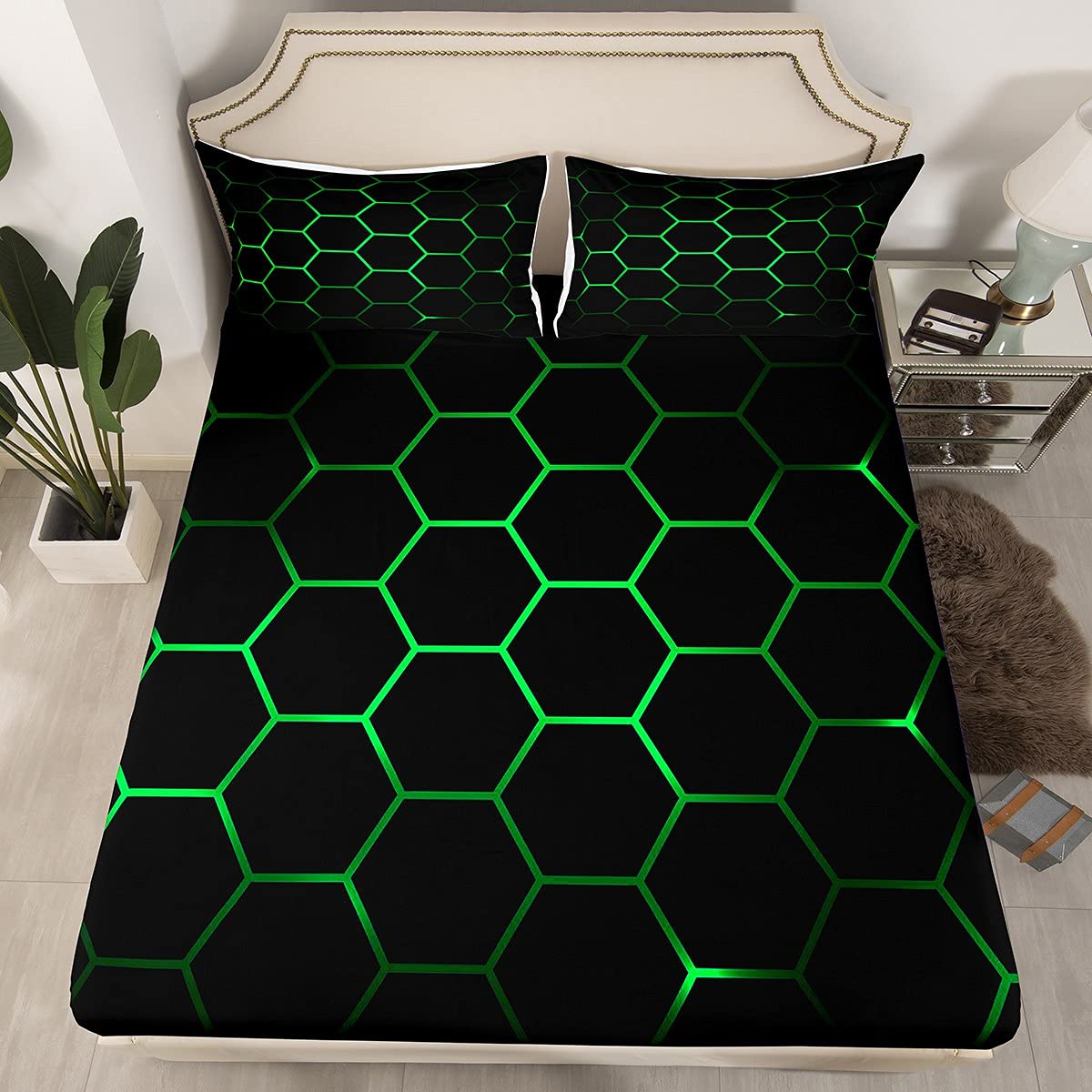 Hexagonal Bedding Sheets 3D Geometric Honeycomb Bed Sheet Set for Kids Boys Girls Luxury Beehive Hexagon Bedding Fitted Sheet Neon Green Black Decor Bed Cover Bedroom Collection 3Pcs Queen Size