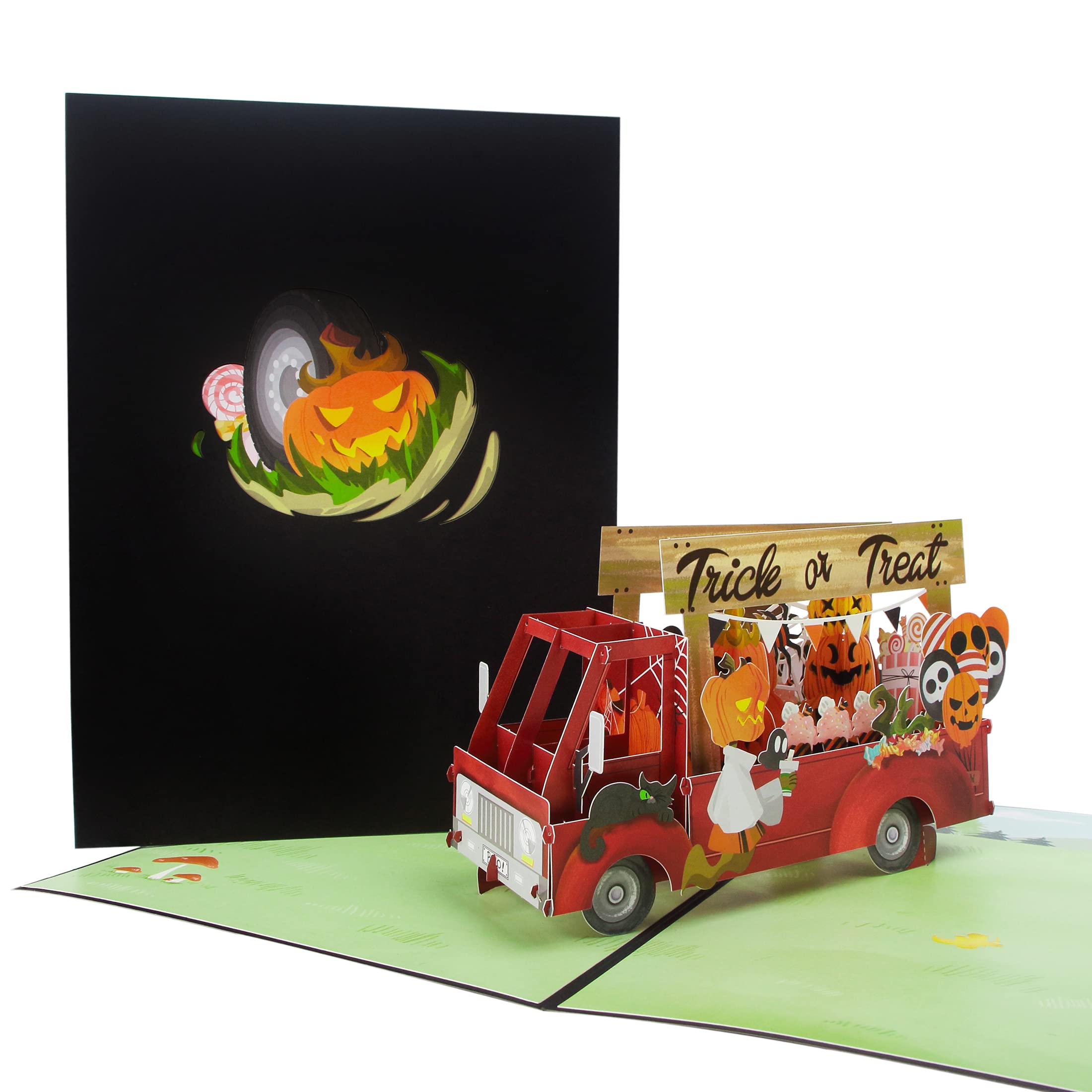 Ribbli Halloween Pop Up Card - 3D Greeting Card, Trick or Treat Card, Pumpkin Truck Card, Happy Halloween Card for Kids Grandson Granddaughter Boyfriend Son Daughter, with Envelope