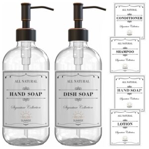 Sunrise Premium 2 Pack Clear Glass Soap Dispenser 16 OZ with Oil Rubbed Bronze Stainless Steel Pump, Hand and Dish Soap Dispenser Set for Bathroom and Kitchen Sink with 6 Waterproof Labels