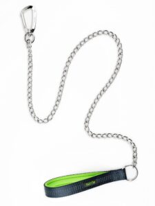 mighty paw chain dog leash - anti bite pet lead - stainless steel links - reflective padded handle - carabiner clip - chew proof for strong dogs - 4’ dog walking chain leash - leash metal (grey/green)