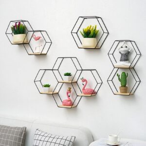 bluelanss hexagonal floating shelves wall shelf, rustic shelves, metal wall shelves for bedroom,bathroom,living room,kitchen,home office, wall plant holder flower pot planter stand home decor black s