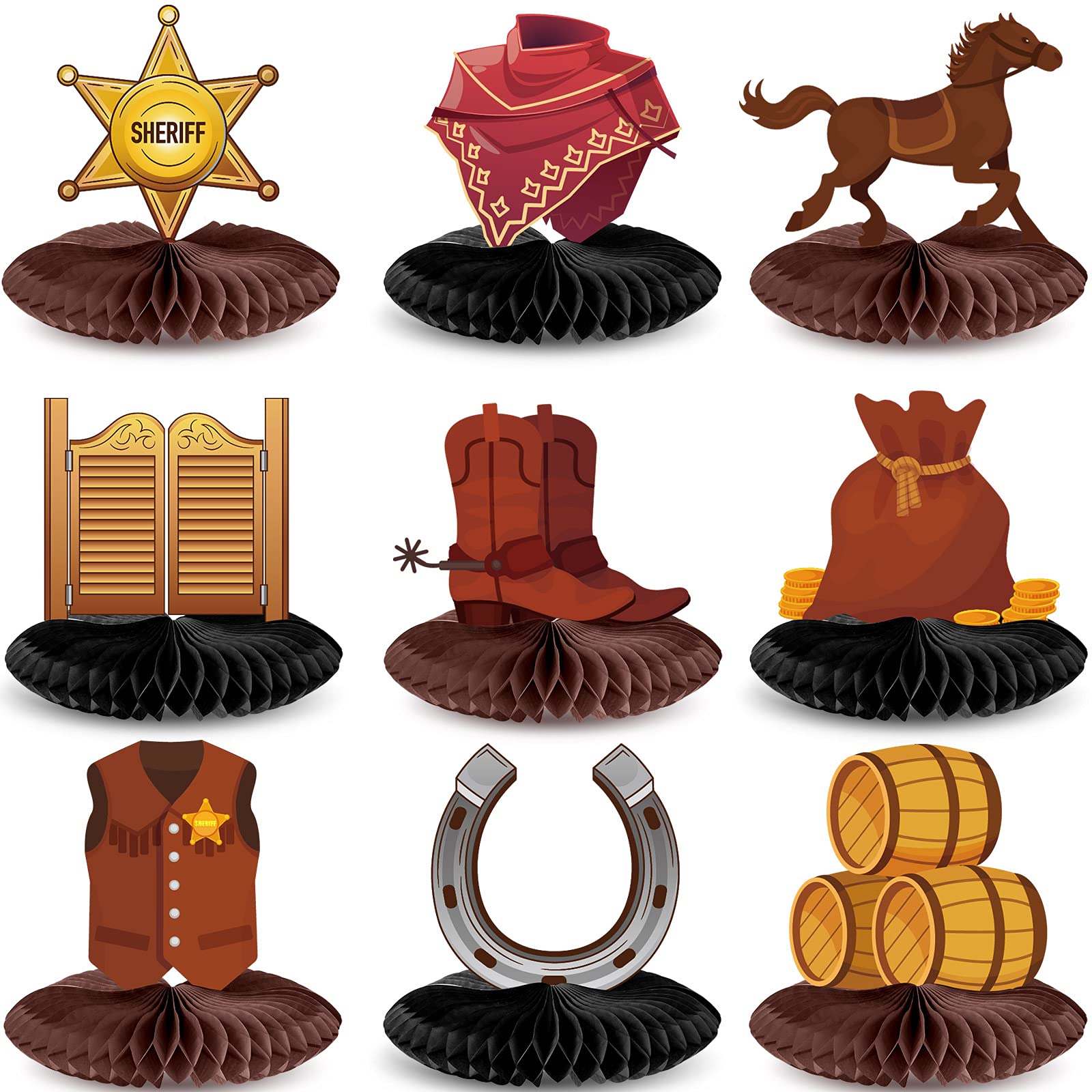 9 Pieces Cowboy Western Party Decorations Wild West Cowboy Honeycomb Centerpieces for Tables Wild West Party Decorations Western Theme Party Decorations for Birthday Baby Shower Supplies