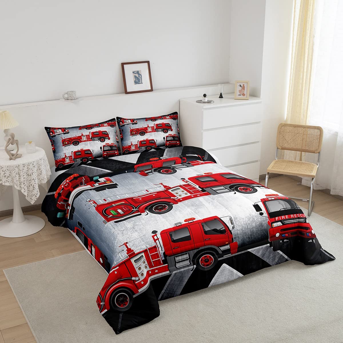 Manfei Fire Truck Comforter Set Twin Size Red Fire Engine Duvet Insert Cartoon Firemen Car Vehicle Bedding Set 2pcs for Kids Boys Teens Firefighter Transportation Dowm Comforter with 1 Pillowcase