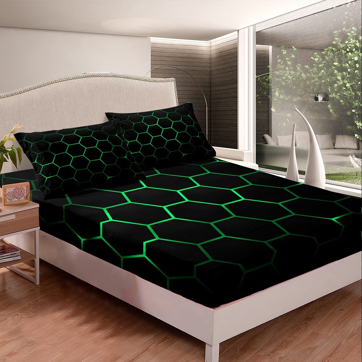 Hexagonal Bedding Sheets 3D Geometric Honeycomb Bed Sheet Set for Kids Boys Girls Luxury Beehive Hexagon Bedding Fitted Sheet Neon Green Black Decor Bed Cover Bedroom Collection 3Pcs Queen Size