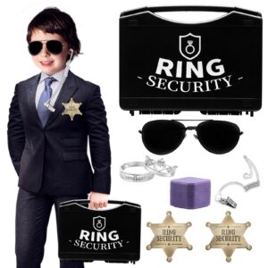 huwane ring security wedding ring bearer gifts box set include 2pcs ring security badges, 1pcs acoustic earpiece tube, 1pcs ring bearer sunglass, 1pcs wedding ring box with 2 rings