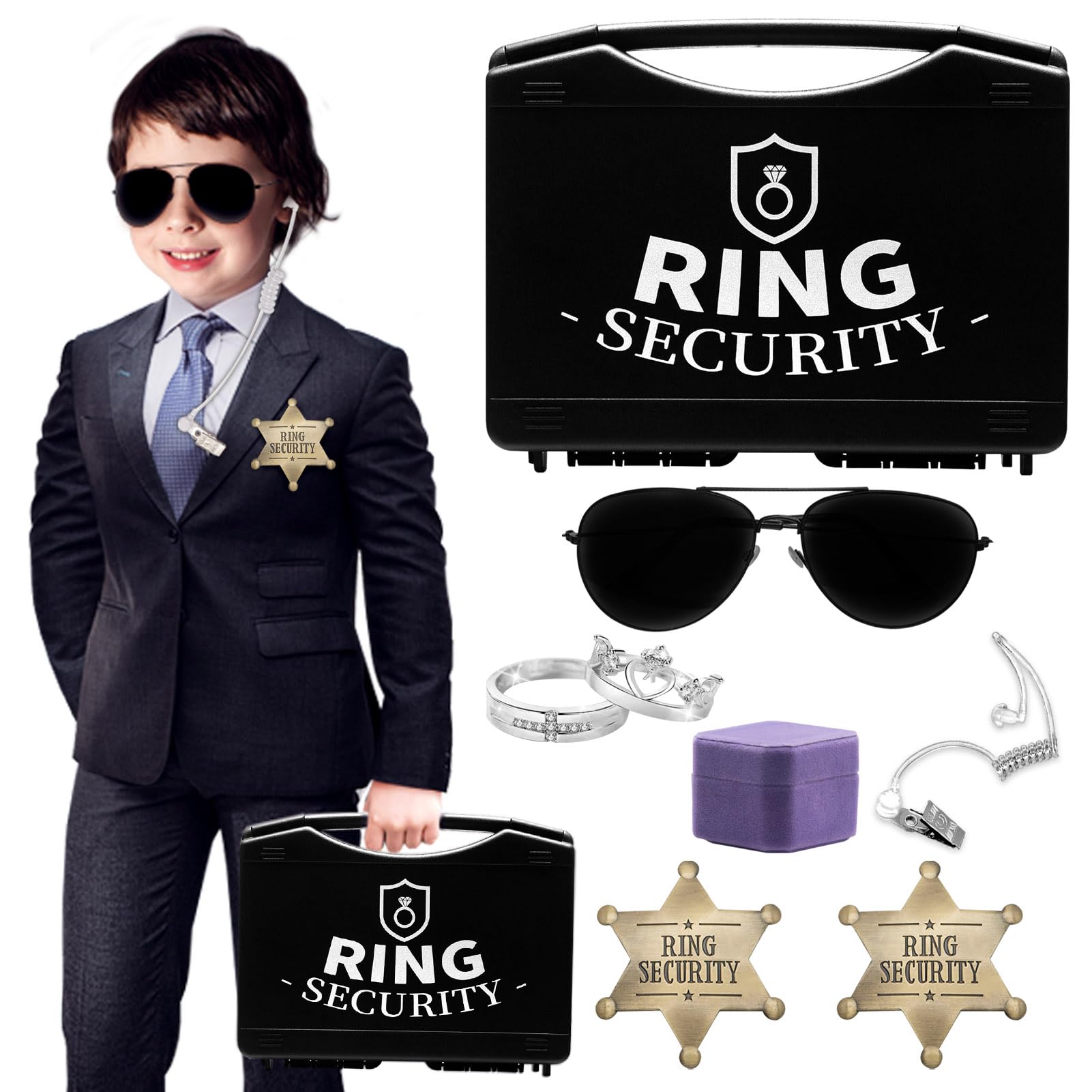 Huwane Ring Security Wedding Ring Bearer Gifts Box Set Include 2PCS Ring Security Badges, 1PCS Acoustic Earpiece Tube, 1PCS Ring Bearer Sunglass, 1PCS Wedding Ring Box with 2 Rings