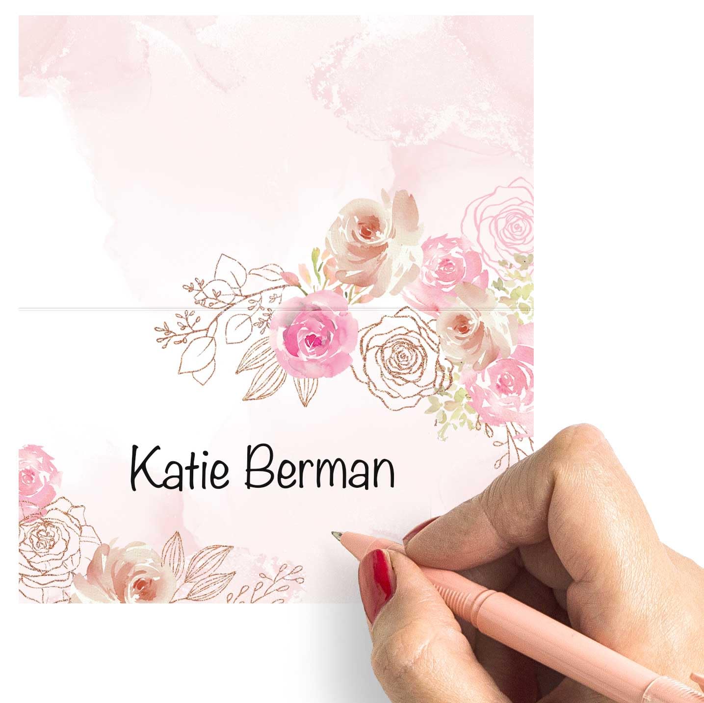 Pink Flower Place Cards for Table Setting, 2" x 3.5" Pack of 50 Floral Wedding Place Cards, Elegant Reception Name Cards, Rose Gold Wedding Decorations