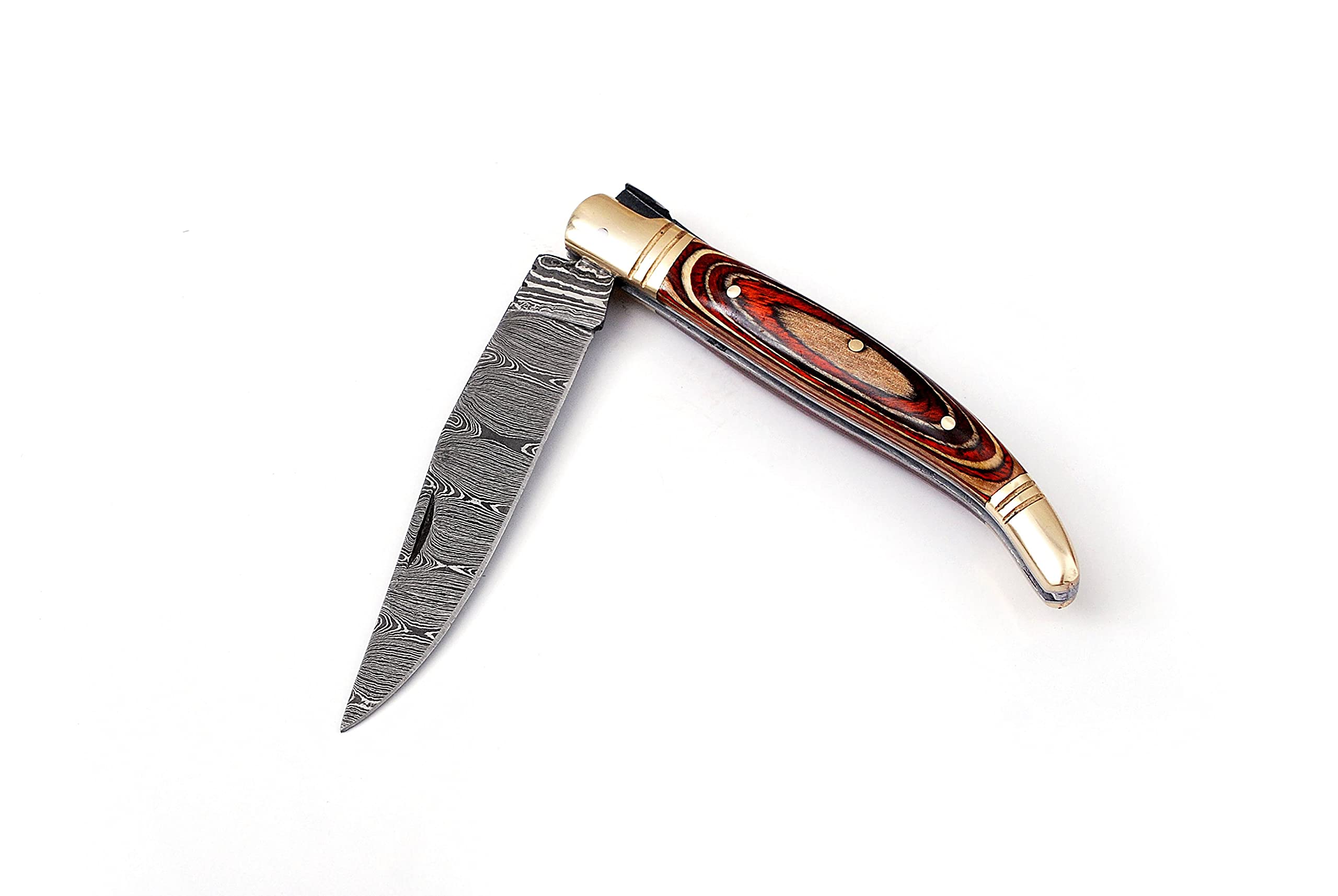 Damascus steel folding knife with leather sheath, 8.5 inches long laguiole pocket knife with 4 inches long Damascus steel Blade, 4.5 inches multi color wood scale with Brass bolster and pommel, Leather sheath included (Brown)