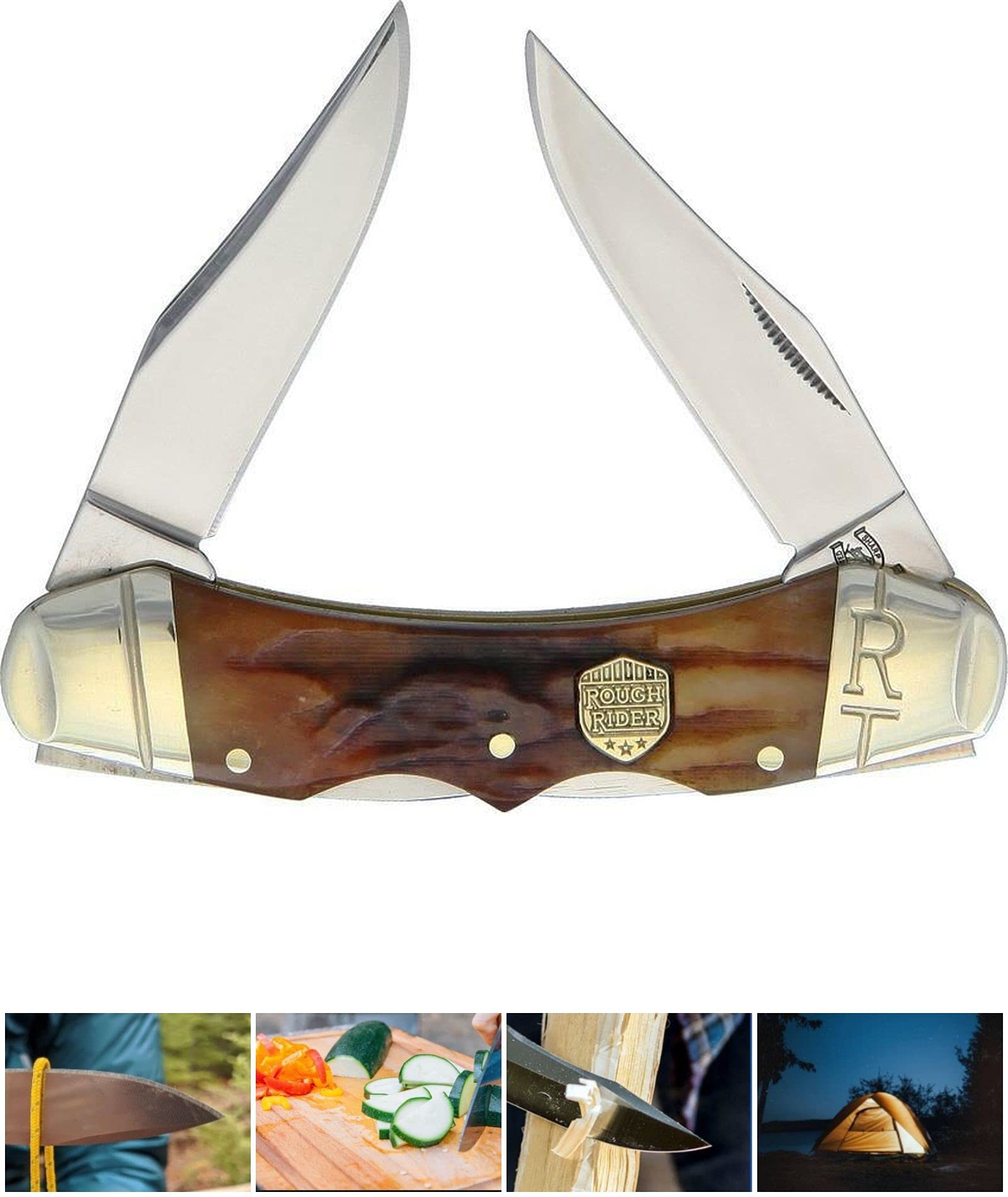 Brown Stag Bone Double Lock Dual Blade Open Folding Pocket Knife 1798 Outdoor Survival Hunting Knife for Camping by Survival Steel