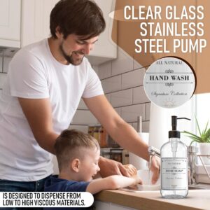 Sunrise Premium 2 Pack Clear Glass Soap Dispenser 16 OZ with Oil Rubbed Bronze Stainless Steel Pump, Hand and Dish Soap Dispenser Set for Bathroom and Kitchen Sink with 6 Waterproof Labels