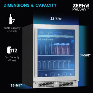 Zephyr 24" Wine Fridge & Beverage Refrigerator ADA Single Zone Under Counter - Mini Wine Cooler Cellars Small Beer Fridge Cabinet Drink Chiller Freestanding with Glass Door - 7 bottles 112 cans