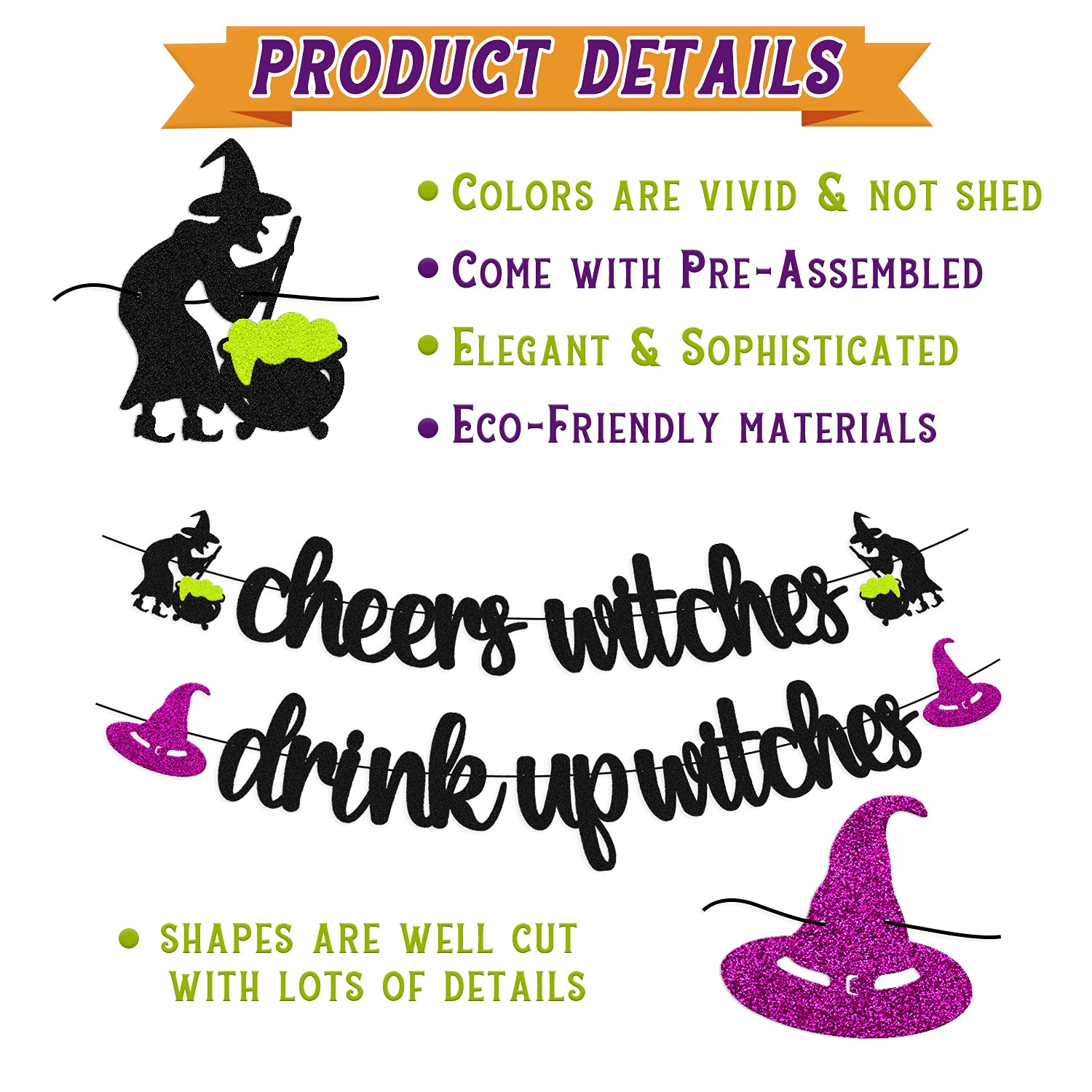 Halloween Witches Banner Ghost Bat Witches Theme Bachelorette Wedding Engagement Bridal Shower Let’s Party Witches Party Supplies Glitter Decorations