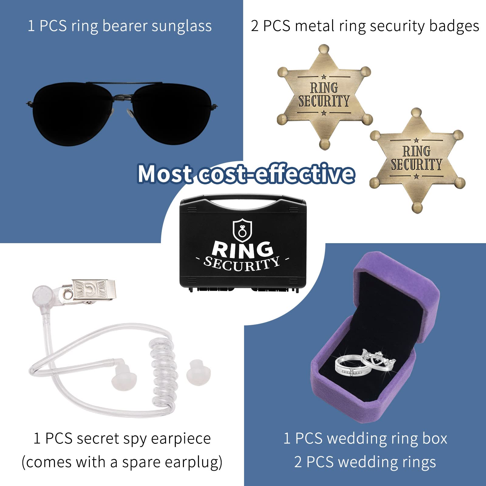 Huwane Ring Security Wedding Ring Bearer Gifts Box Set Include 2PCS Ring Security Badges, 1PCS Acoustic Earpiece Tube, 1PCS Ring Bearer Sunglass, 1PCS Wedding Ring Box with 2 Rings