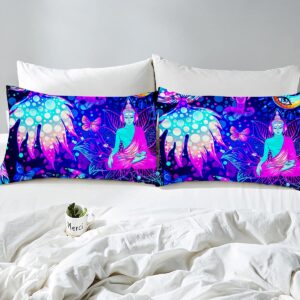 Spiritual Buddha Meditation Duvet Cover Set Trippy Mushroom Colorful Boho Bedding Sets, Full Size 1 Duvet Cover+2 Pillowcases1