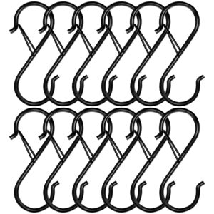 mzekgxm 12 pack s hooks for hanging, 3.5 inch safety buckle design heavy duty metal black s hooks for hanging plants, pots, pans, cups, clothes, towels, bags in kitchen, bathroom, closet, garden