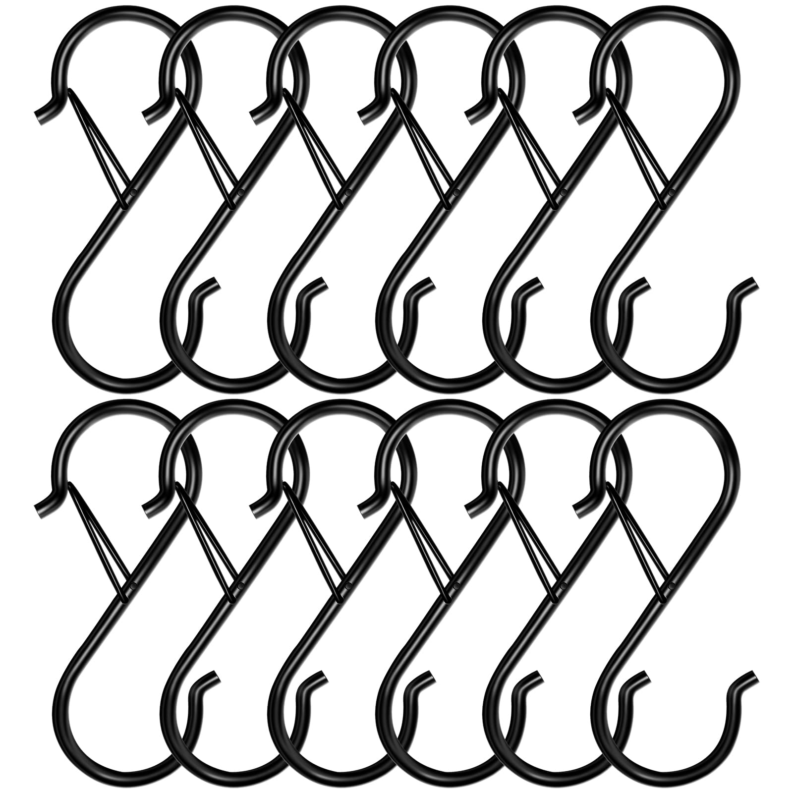 Mzekgxm 12 Pack S Hooks for Hanging, 3.5 inch Safety Buckle Design Heavy Duty Metal Black S Hooks for Hanging Plants, Pots, Pans, Cups, Clothes, Towels, Bags in Kitchen, Bathroom, Closet, Garden