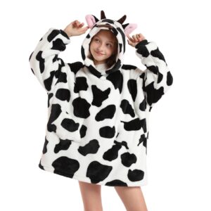 wearable blanket hoodie for kids 4-12yr oversized animal hooded blanket super soft comfortable warm flannel cow