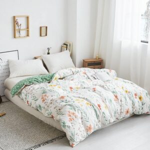 jejeloiu Floral Duvet Cover Sets Full Size, 100% Cotton Flower Pattern Bedding Botanical Plants Comforter Cover with Zipper Closure 1 Duvet Cover + 2 Pillowcases, Super Soft Lightweight