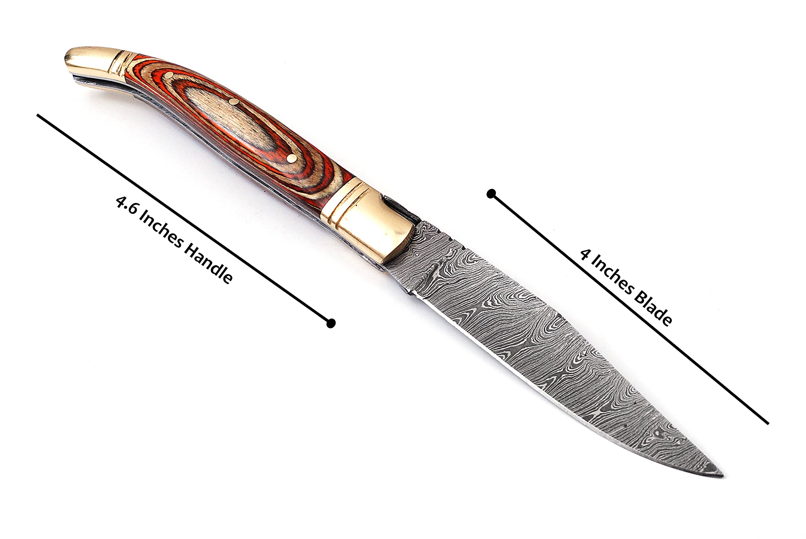 Damascus steel folding knife with leather sheath, 8.5 inches long laguiole pocket knife with 4 inches long Damascus steel Blade, 4.5 inches multi color wood scale with Brass bolster and pommel, Leather sheath included (Brown)