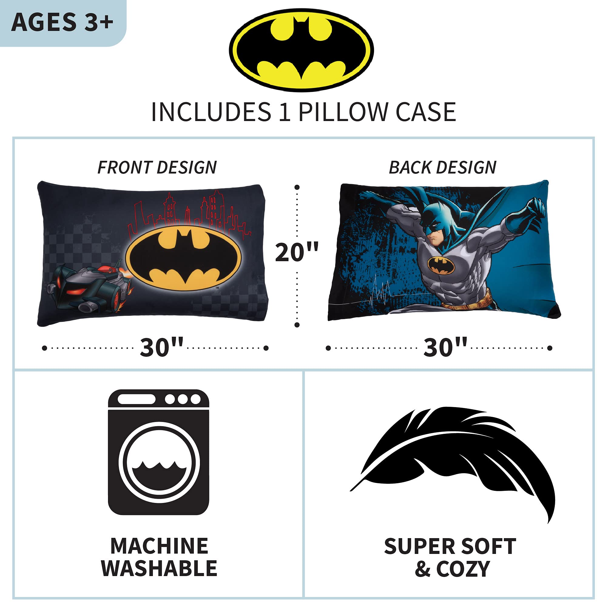 Franco Kids Bedding Super Soft Microfiber Pillowcase, 20 in x 30 in, Batman