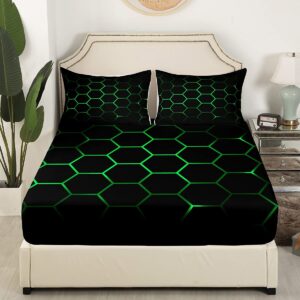 Hexagonal Bedding Sheets 3D Geometric Honeycomb Bed Sheet Set for Kids Boys Girls Luxury Beehive Hexagon Bedding Fitted Sheet Neon Green Black Decor Bed Cover Bedroom Collection 3Pcs Queen Size