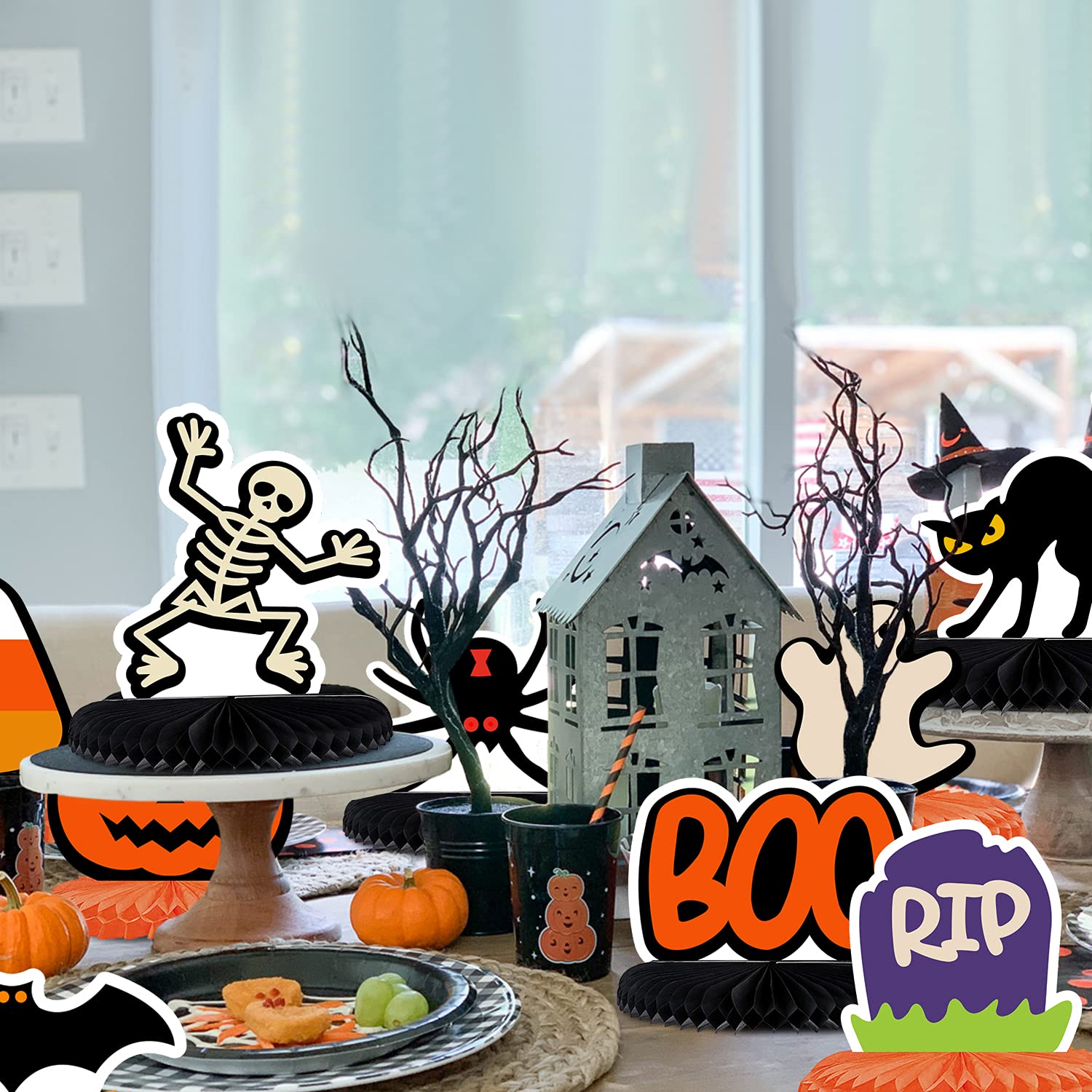 LINGTEER Happy Halloween Table Honeycomb Centerpieces - 9 pcs Funny Halloween Party Boo Ghost Table Decorations Sign.