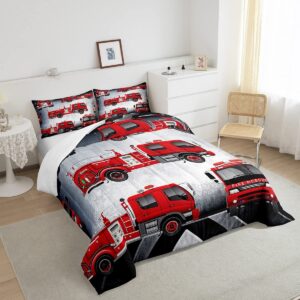 Manfei Fire Truck Comforter Set Twin Size Red Fire Engine Duvet Insert Cartoon Firemen Car Vehicle Bedding Set 2pcs for Kids Boys Teens Firefighter Transportation Dowm Comforter with 1 Pillowcase