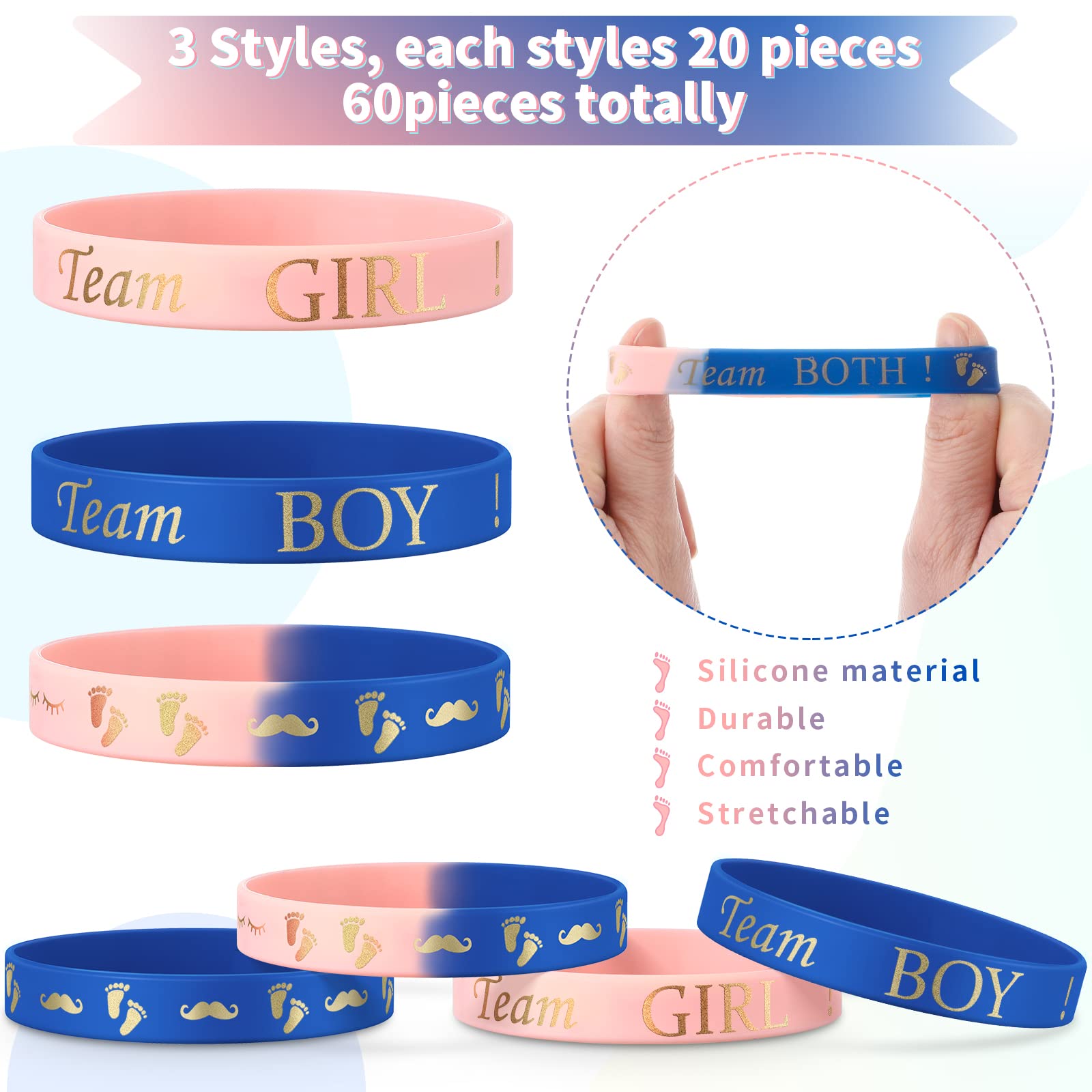 Hicarer 30 Pieces Gender Reveal Bracelets, Team Boy Silicone Wristbands Team Girl Gender Reveal Party Bracelets Team Both Rubber Wristband for Baby Shower Gender Reveal Party Favor Supplies