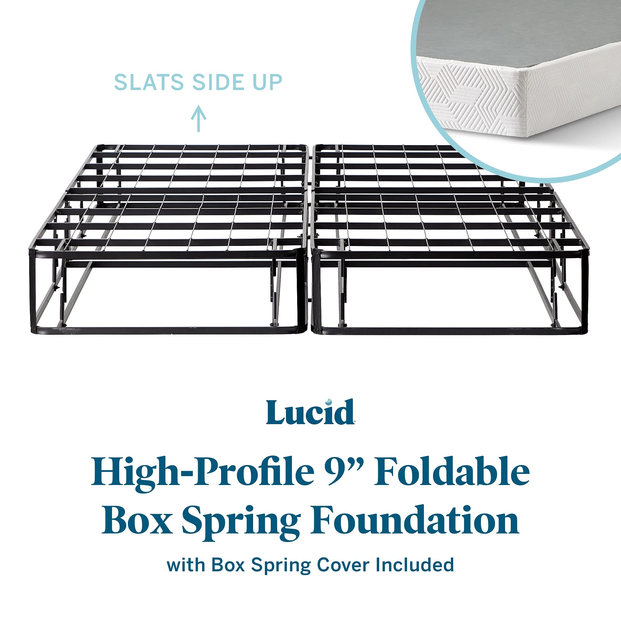 Lucid High-Profile Foldable 9 Inch Steel Queen Box Spring Foundation with Center Support Bolts; Cover-Included, Blue