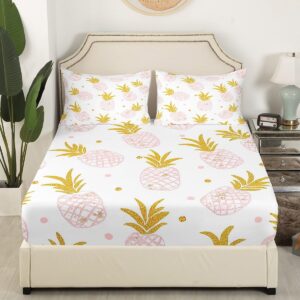 Feelyou Pineapple Sheet Set for Girls Kids Cute Pink Tropical Fruit Bedding Set Room Decorative Golden Polka Dots Bed Sheets Pineapple White Bed Sheet Set Twin Size 3Pcs Bed Set