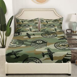 Kids Camo Airplane Bed Sheet Set Camouflage Airplane Decor Bedding Sheets for Teens Boys Military Aircraft Bedding Fitted Sheet Novelty Modern Army Green Bed Cover Bedroom Collection 2Pcs Twin Size