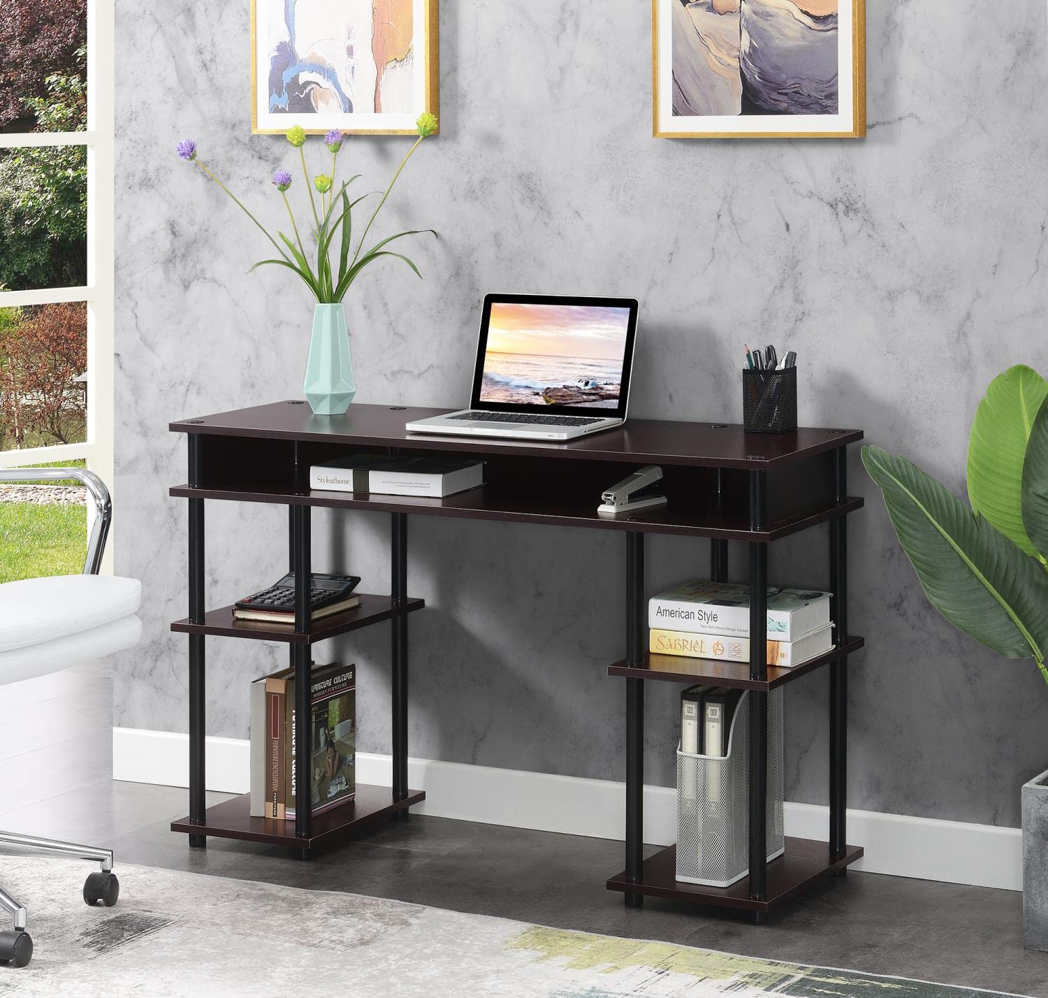 Convenience Concepts Designs2Go No Tools Desk Home Office Desk with Shelves, Corner Shelf Vanity Desk Computer Desk Nail Table for Nail Tech - 47.25" L x 15.75" W x 30" H, Espresso/Black