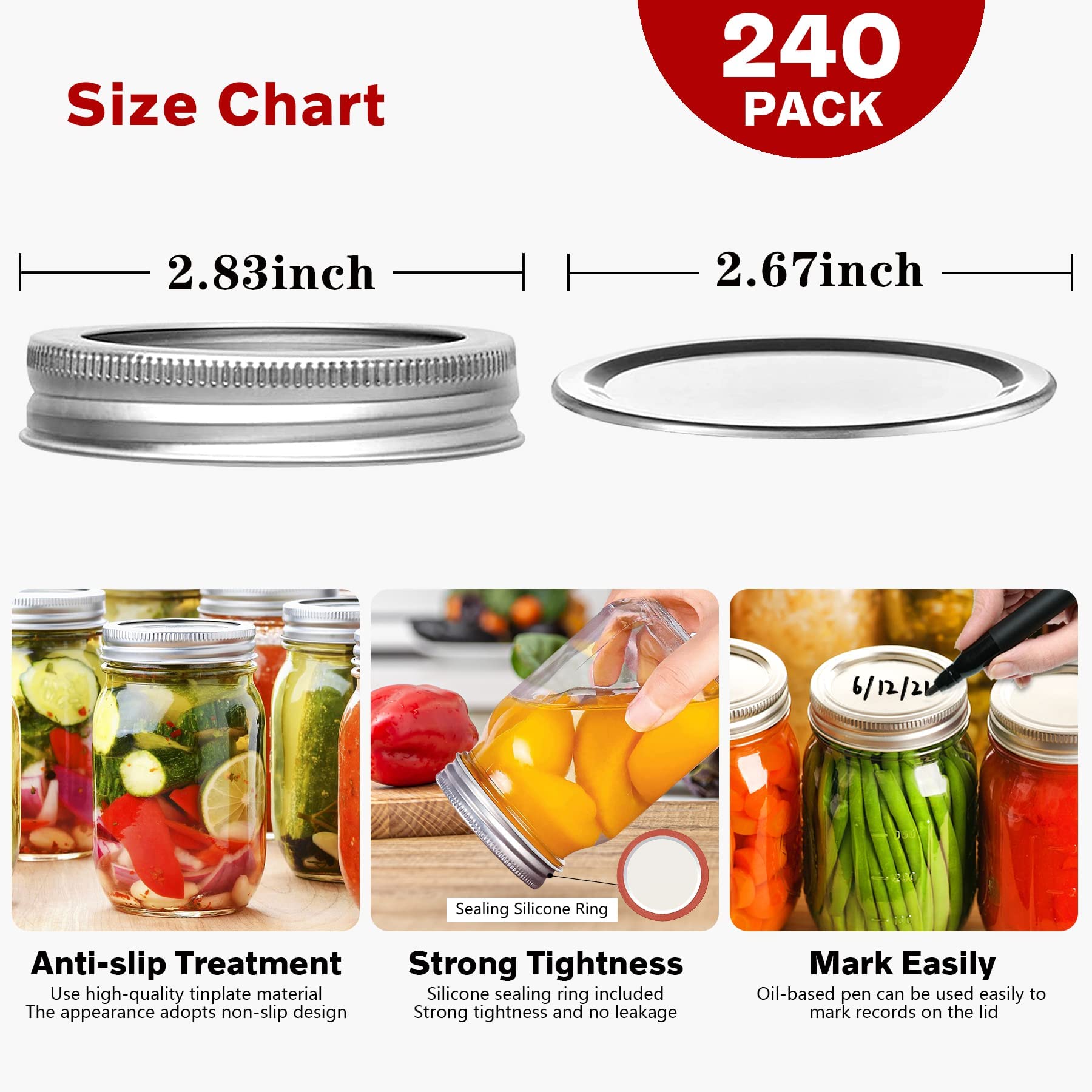 SLifeJars Canning Lids and Rings Regular Mouth,240 Pcs 70MM Mason Jar Lids and Rings Set for Regular Mouth Canning,Split-type Lids with Silicone Seals Rings Leak Proof and Secure for Regular Mason Jar